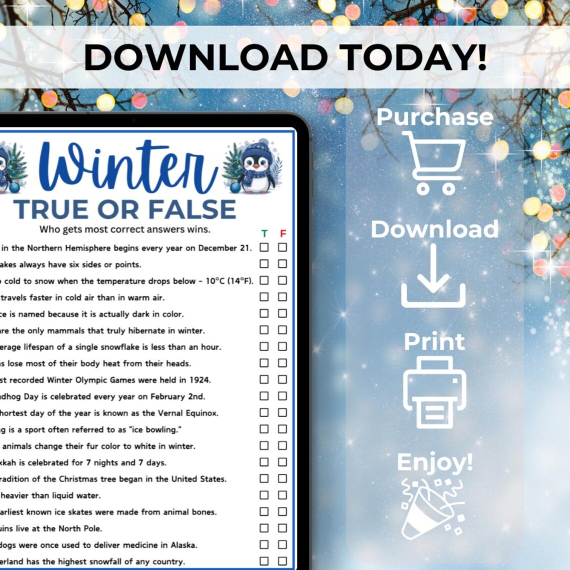 Winter True or False Game, Printable Winter Game, Winter Trivia Quiz ...