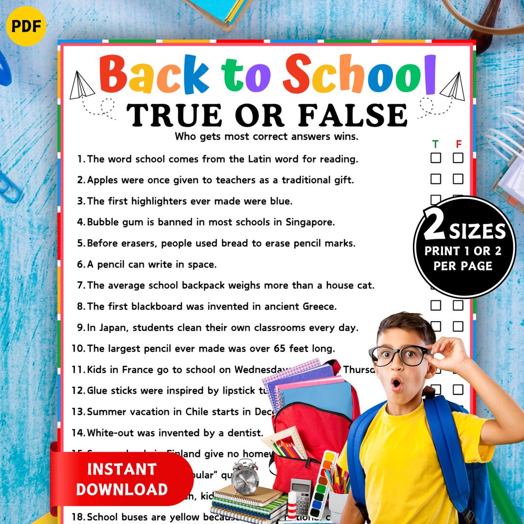 Back to School Trivia Game, True or False Game, Printable School Party ...