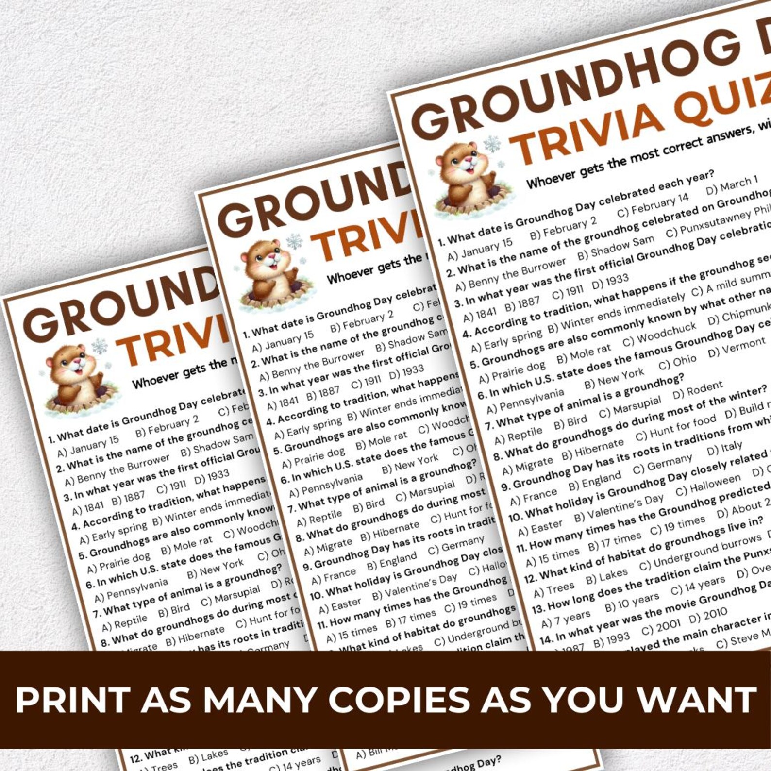 Groundhog Day Trivia Game, Printable Groundhog Day Activity, Family ...