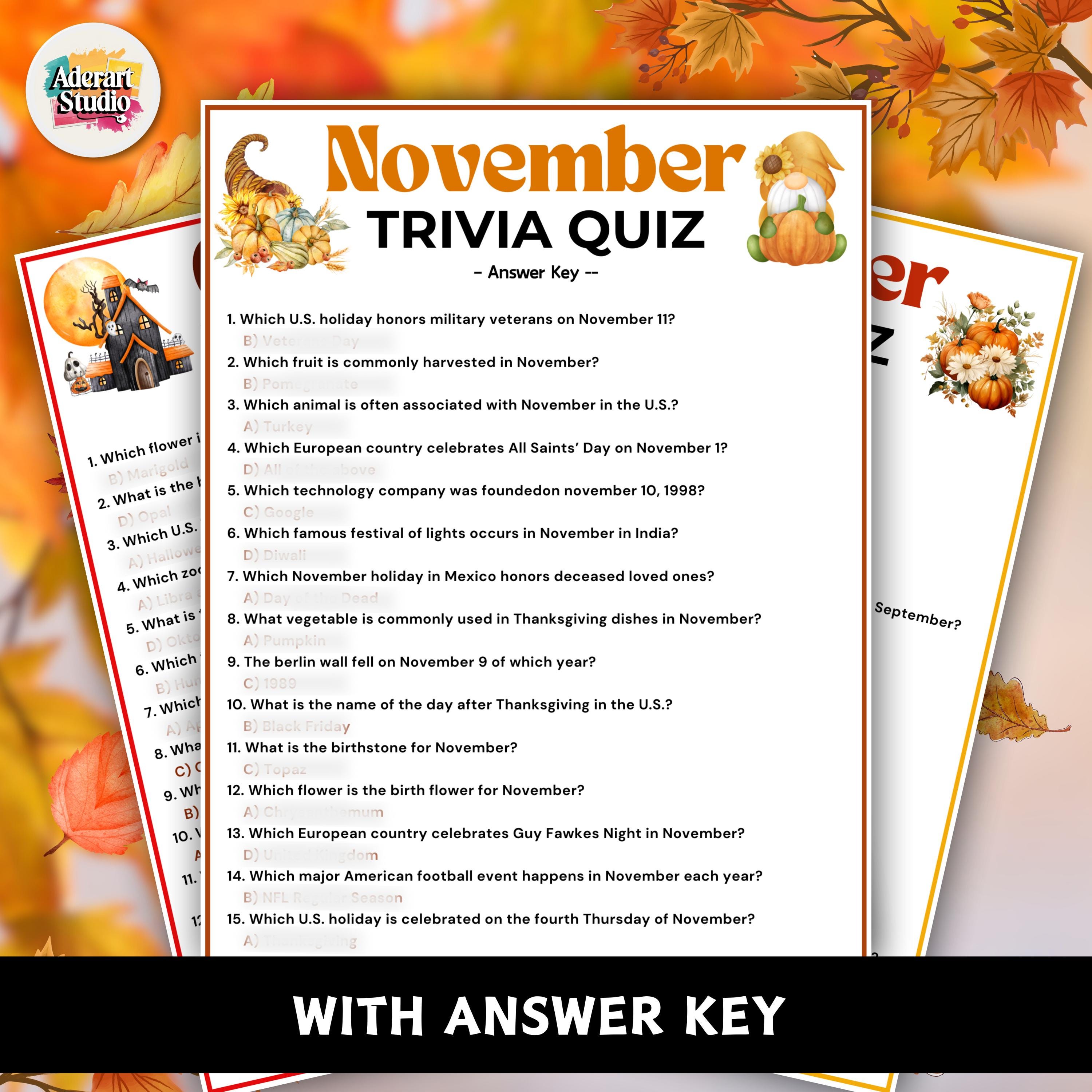 Fall Trivia Bundle, Autumn Trivia Quiz, Printable Trivia Games, Month ...