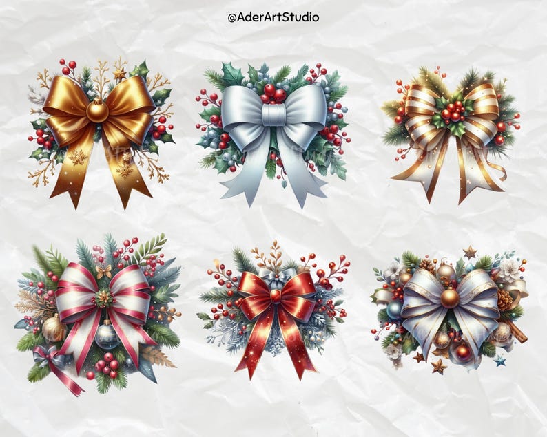 Watercolor Christmas Bows Clipart Bundle, Winter Bow Graphics ...