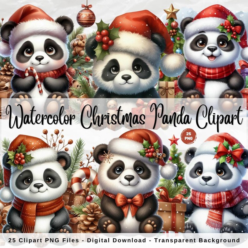 Watercolor Christmas Panda Clipart Bundle, Panda Christmas Illustration ...