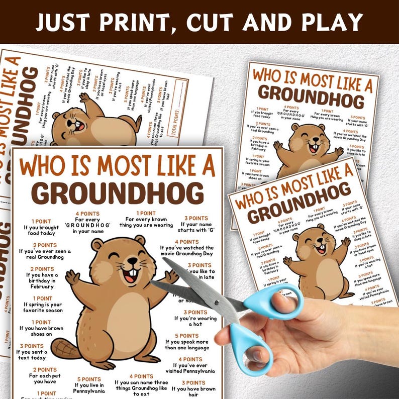 Who is Most Like a Groundhog Game, Punxsutawney Phil Printable Games ...