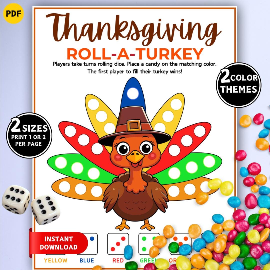 Roll A Turkey Dice Game, Printable Thanksgiving Game, Fun Family ...