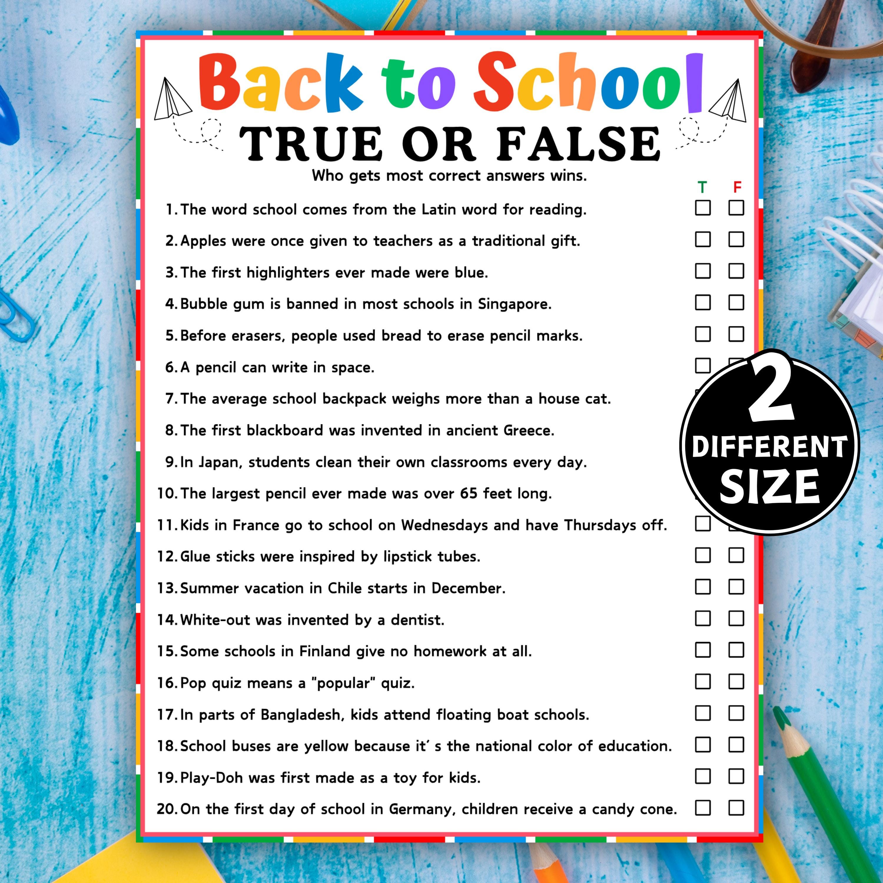 Back to School Trivia Game, True or False Game, Printable School Party ...