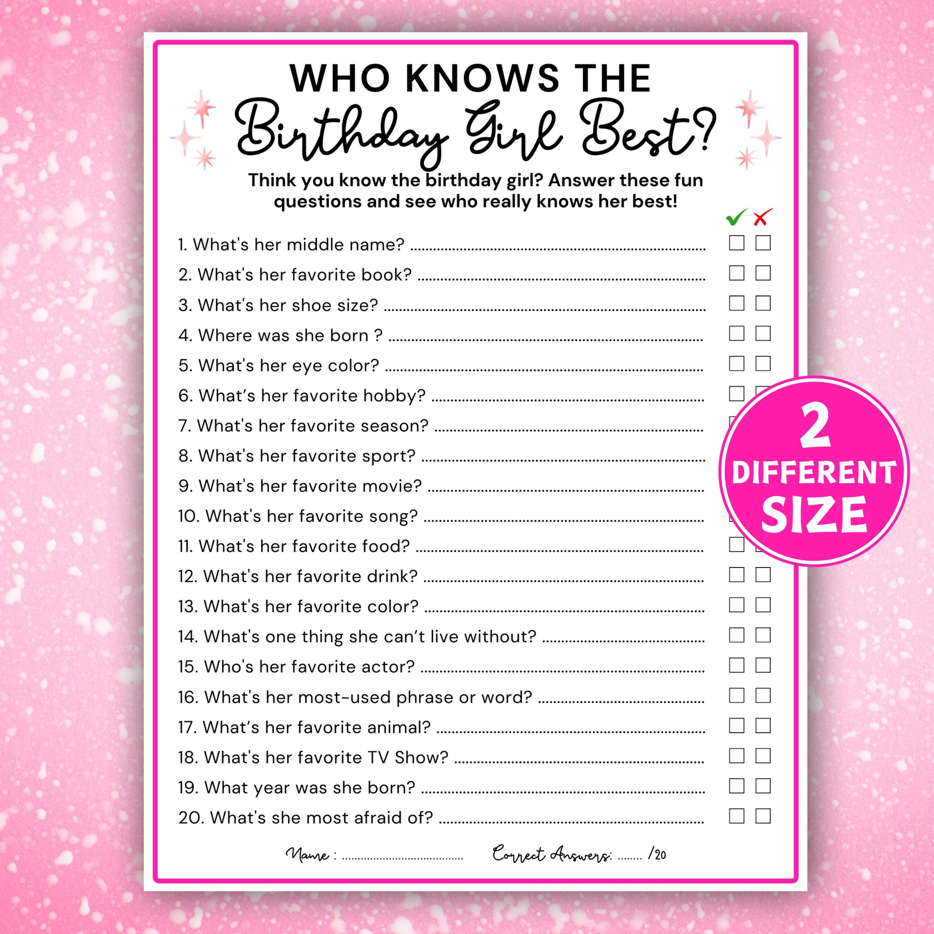 Who Knows the Birthday Girl Best Game, Printable Birthday Party Quiz ...