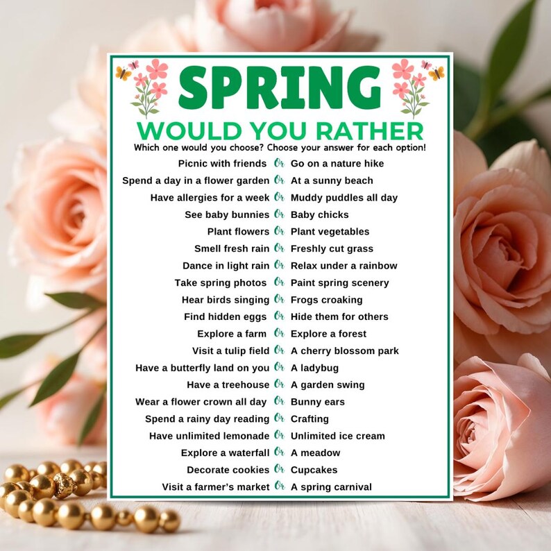 Spring Would You Rather Game, Printable Spring Game for Kids & Adults ...