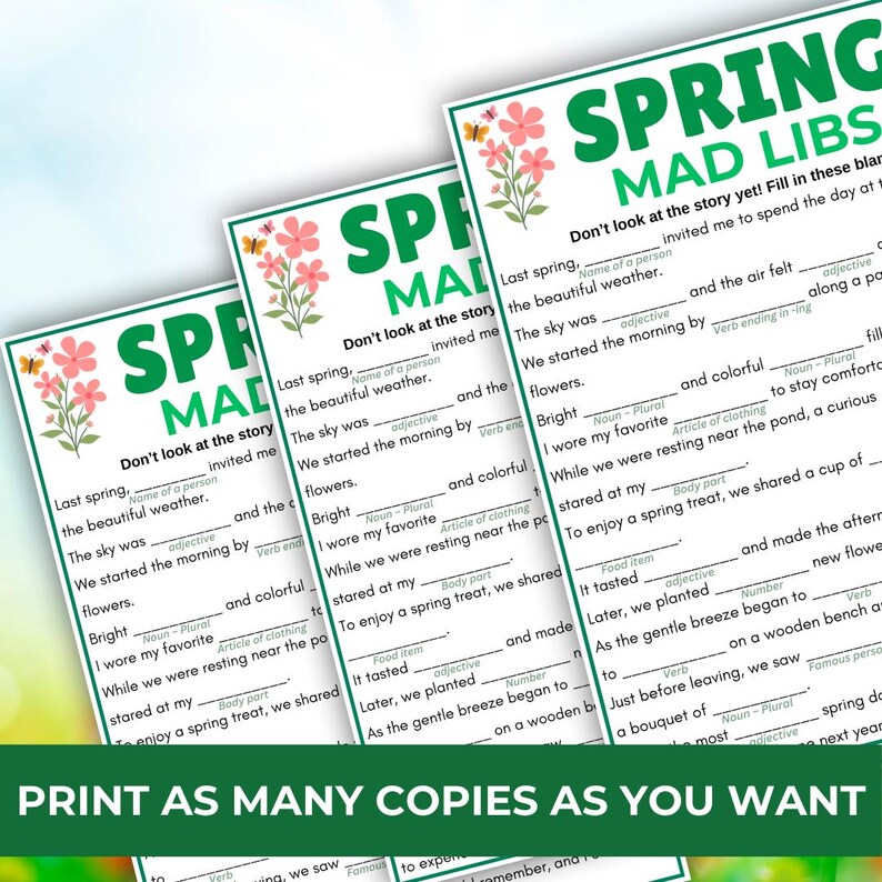 Spring Mad Libs, Printable Spring Game, Spring Party Games, Fun Family ...