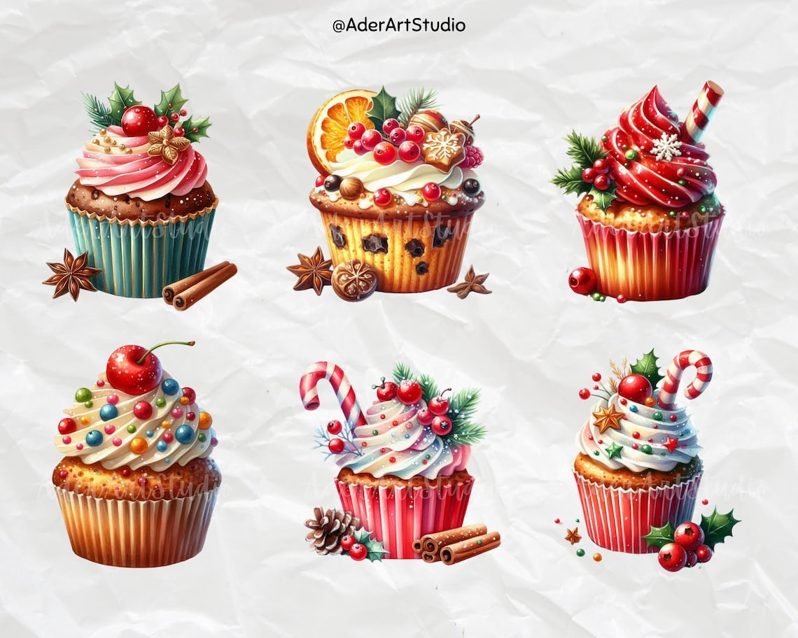 Watercolor Christmas Cupcakes Clipart Bundle, Cupcake Clipart ...