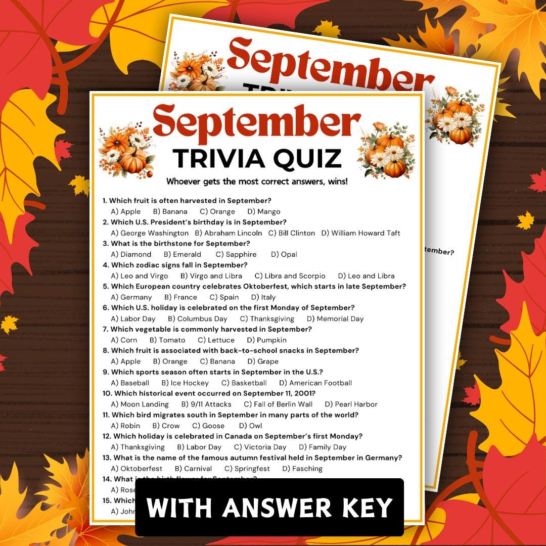 September Trivia Game, Fall Trivia Quiz, Autumn Party Game, Month ...