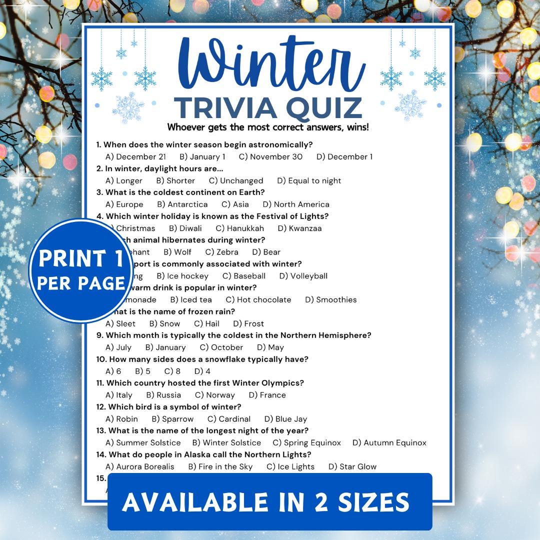 Winter Trivia Game, Winter Trivia Quiz, Printable Winter Game, Winter ...