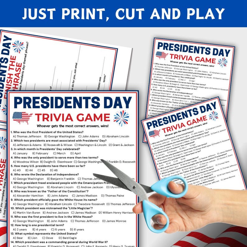 Presidents' Day Trivia Game, Printable Patriotic Trivia Quiz, Fun ...