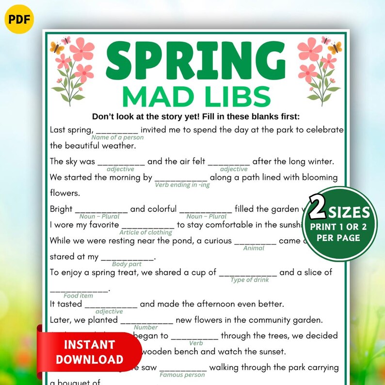 Spring Mad Libs, Printable Spring Game, Spring Party Games, Fun Family ...