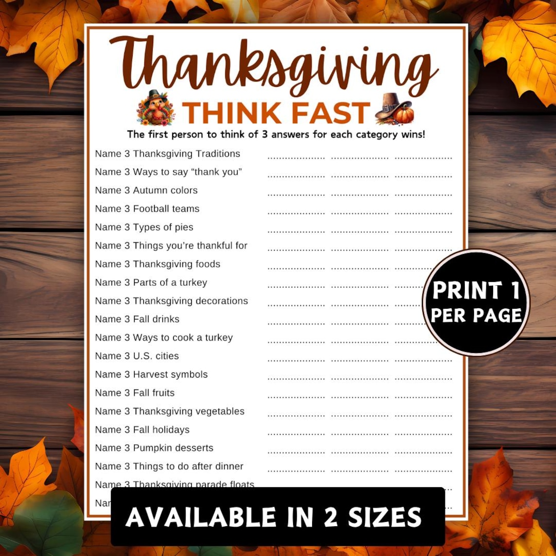 Thanksgiving Think Fast Game! Printable Thanksgiving Games, Think Quick ...