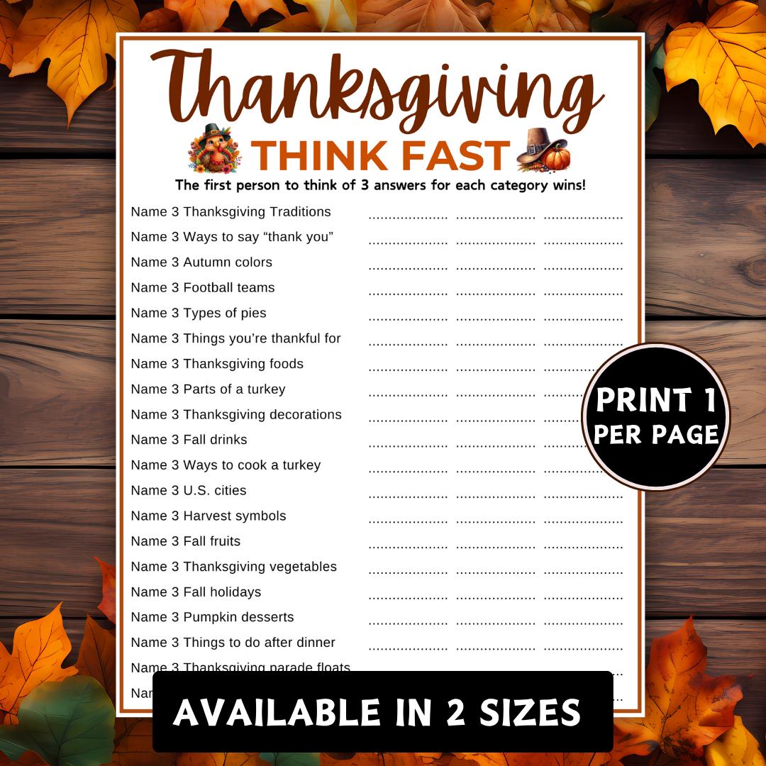 Thanksgiving Think Fast Game! Printable Thanksgiving Games, Think Quick ...