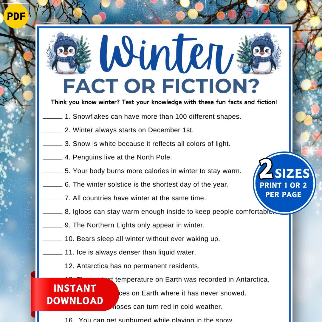Winter Fact or Fiction Game, Printable Holiday Trivia Party Game ...