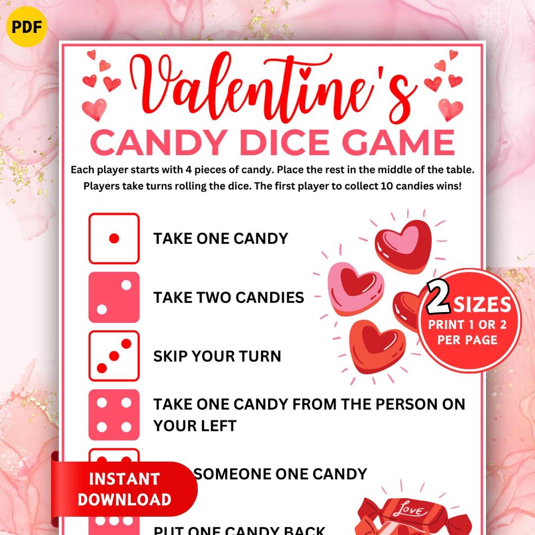 Valentine's Day Candy Dice Game, Printable Valentines Dice Game, Candy ...