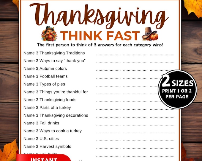 Thanksgiving Think Fast Game! Printable Thanksgiving Games, Think Quick ...