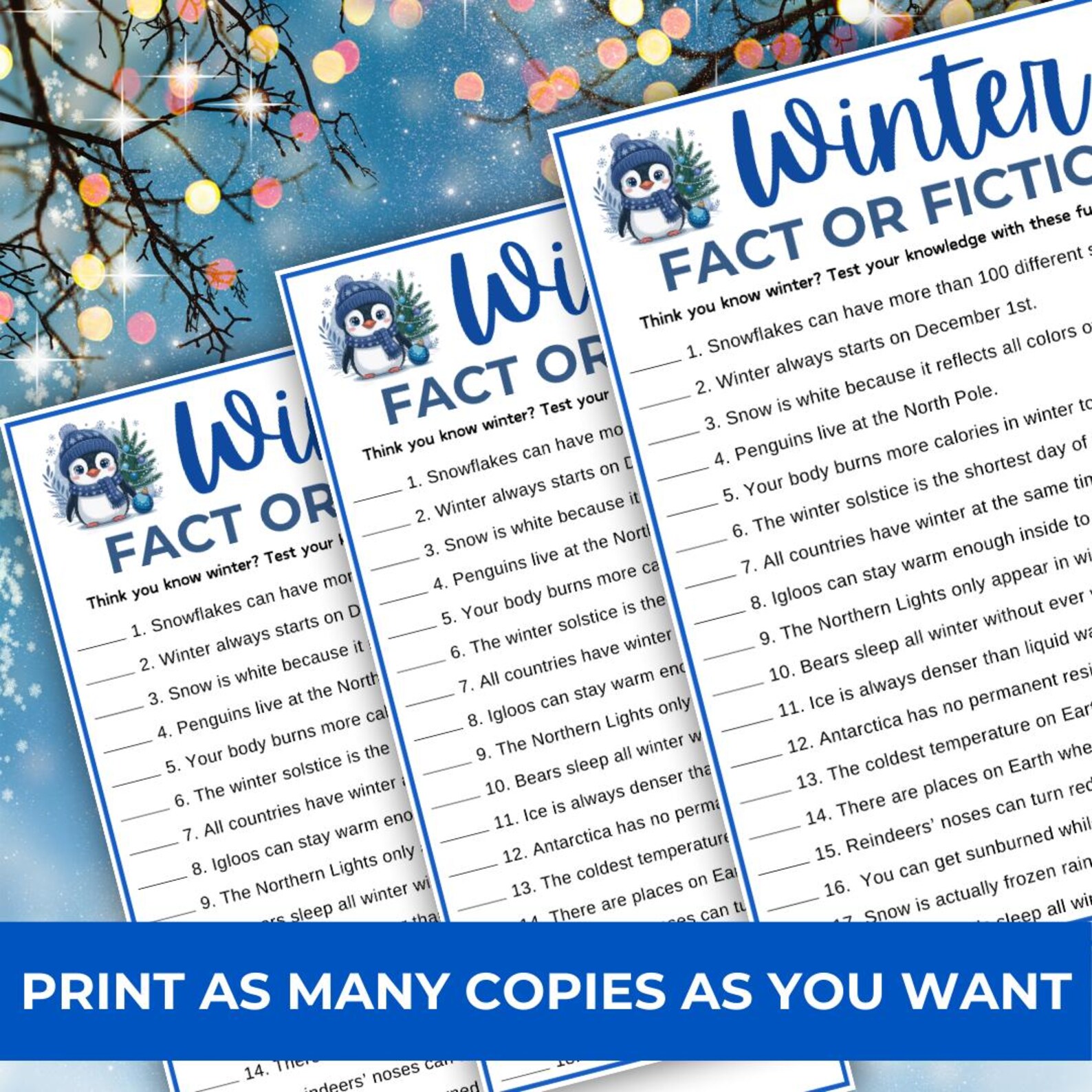 Winter Fact or Fiction Game, Printable Holiday Trivia Party Game ...