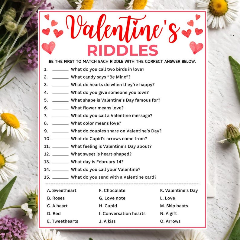 Valentine's Day Riddles Game With Answers, Printable Valentine Party ...