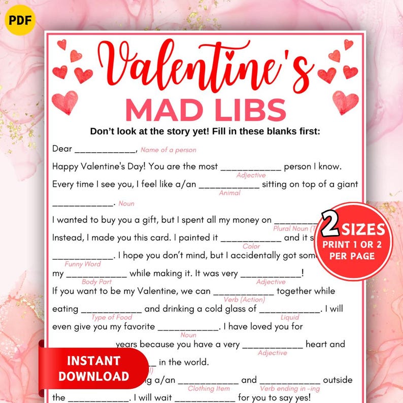 Valentine's Day Mad Libs Game, Printable Games for Kids, Children's ...