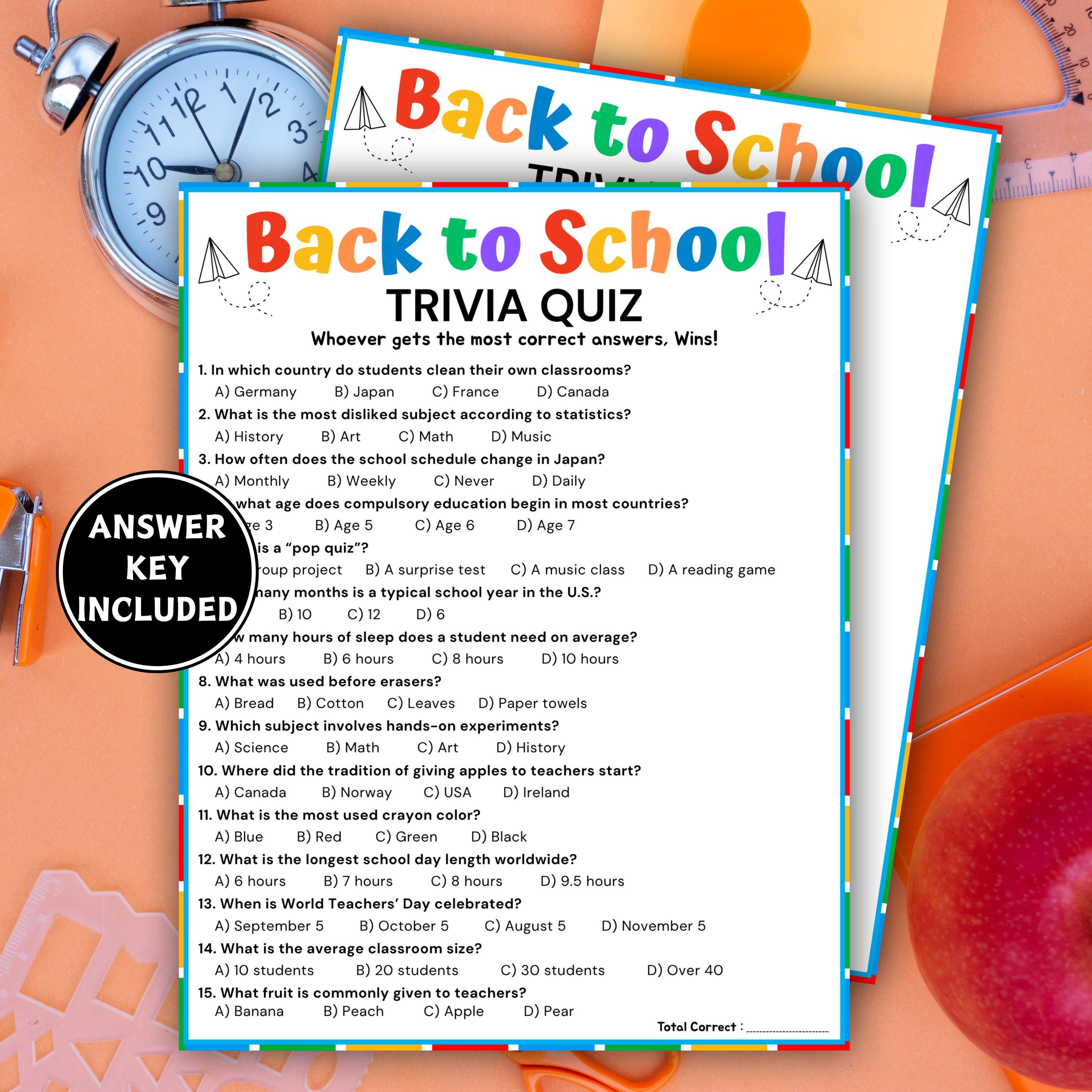 Back to School Trivia Game, Printable Trivia Game, First Day of School ...