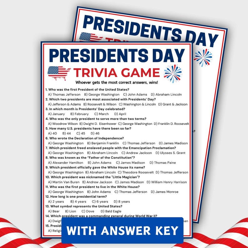 Presidents' Day Trivia Game, Printable Patriotic Trivia Quiz, Fun ...