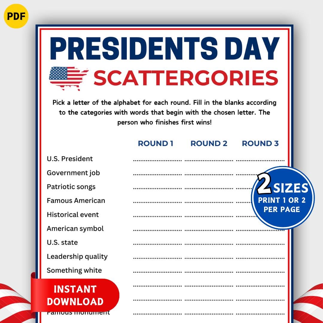 Presidents Day Scattergories Games Bundle, Printable Patriotic Game ...