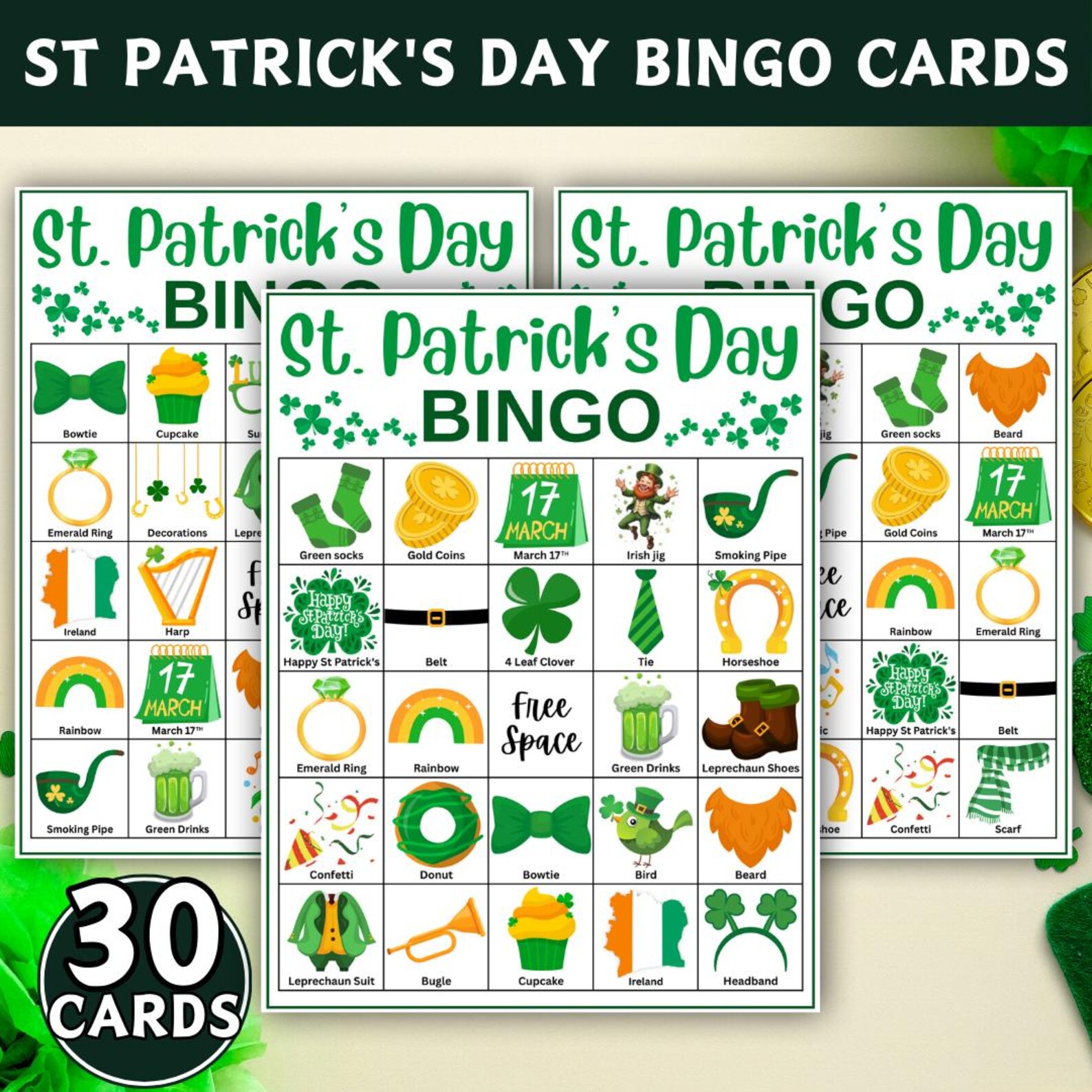 30 St. Patrick's Day Bingo Cards, St Patrick's Day Party Games, St ...