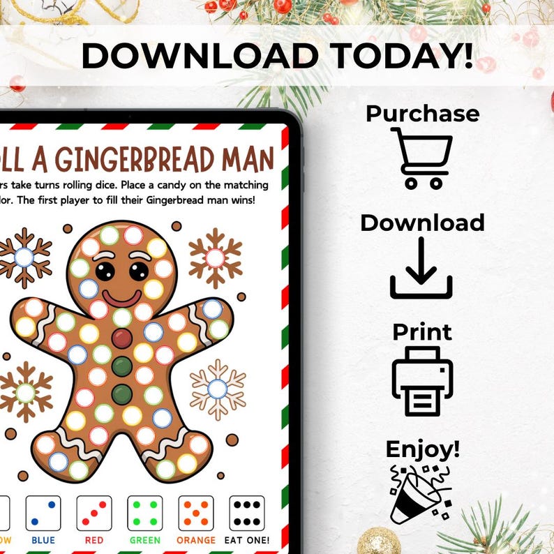 Roll A Gingerbread Dice Game, Printable Christmas Game for Kids Adult ...