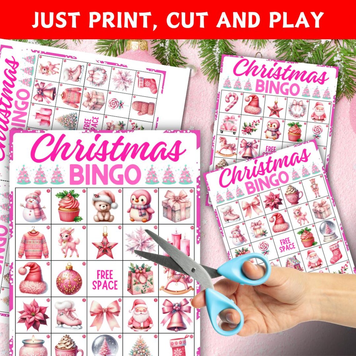Pink Christmas Bingo, 30 Christmas Bingo Cards, Printable Christmas ...