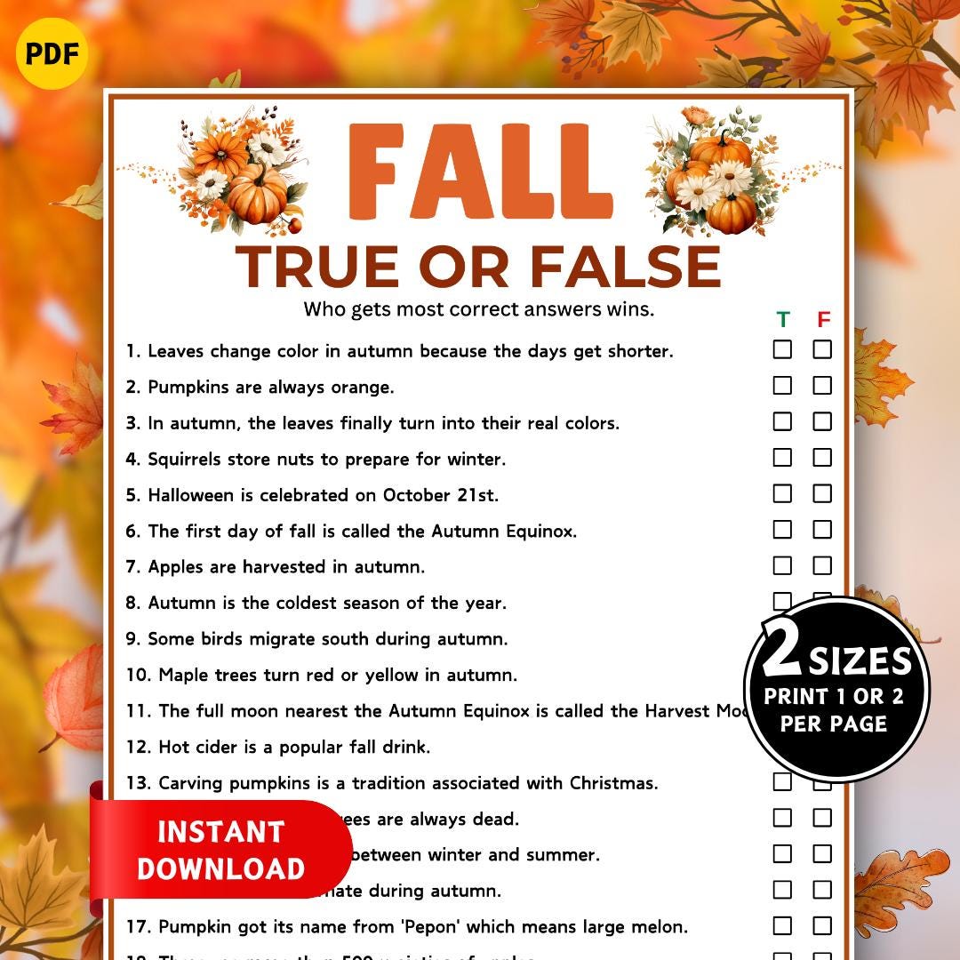 Fall Trivia Game, True or False Game, Printable Autumn Party Game, Fun ...