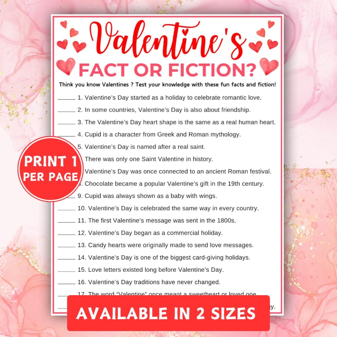 Valentine's Day Fact or Fiction Game, Printable Trivia Party Game ...