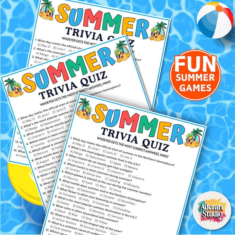 Summer Trivia Game, Printable Summer Party Game, Summer Activities for ...