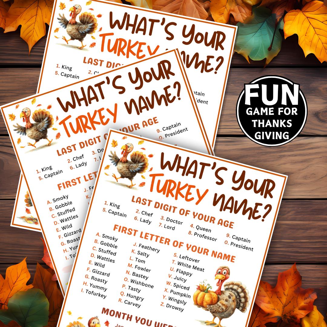 What's Your Turkey Name Game With Nametags, Printable Thanksgiving Game ...