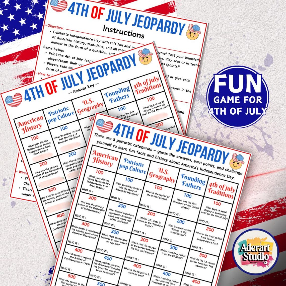 4th of July Jeopardy Game, American Trivia Game, Independence Day Quiz ...
