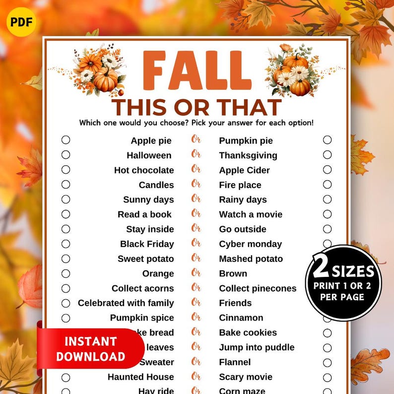 Fall This or That Game, Would You Rather, Printable Autumn Games, Fall ...