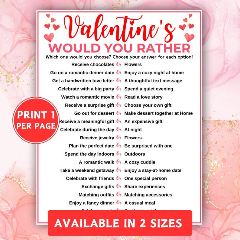Valentine's Day Would You Rather Game, Printable Valentine's Game ...
