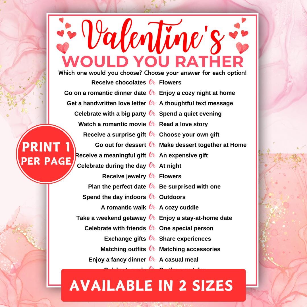 Valentine's Day Would You Rather Game, Printable Valentine's Game ...