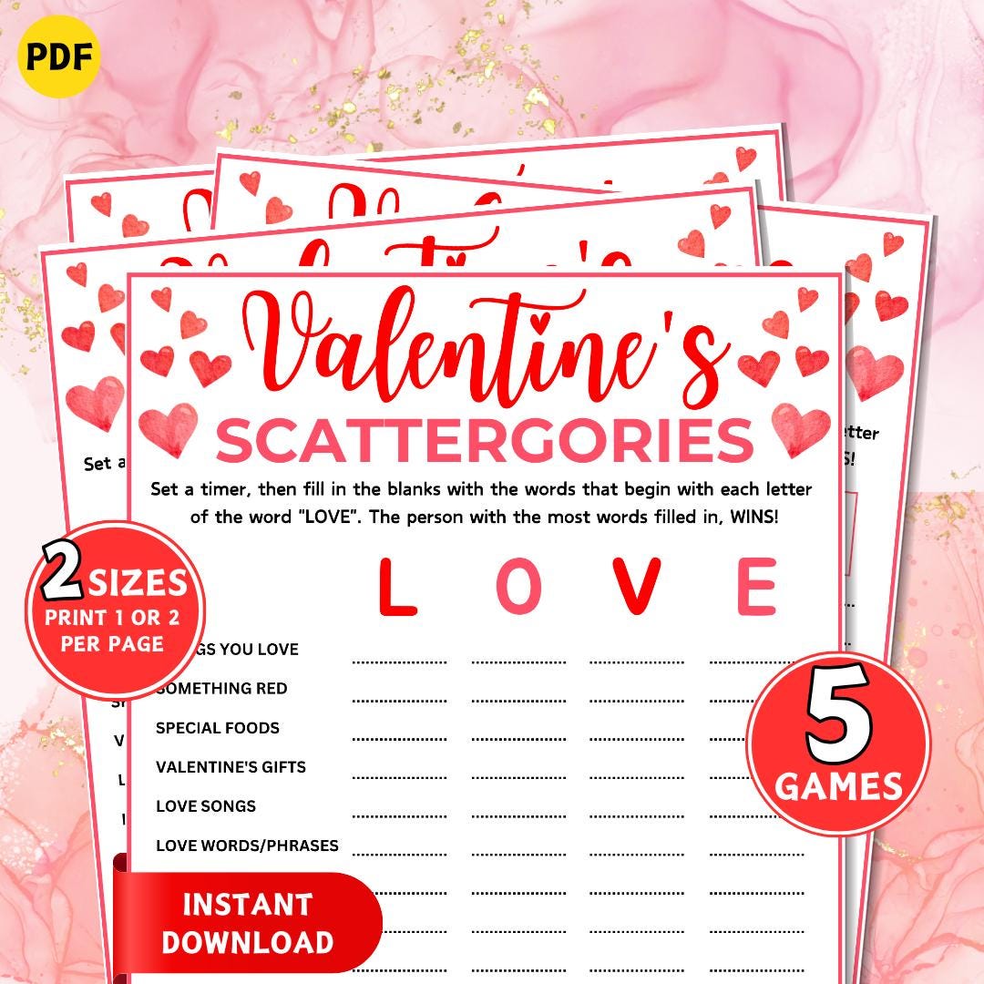 Valentine's Day Scattergories Game, Printable Valentine's Game, Group ...
