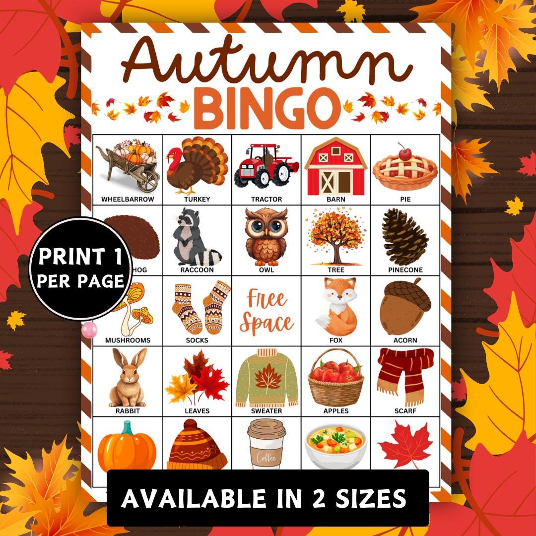 50 Autumn Bingo Cards, Autumn Bingo, Printable Autumn Games, Autumn ...