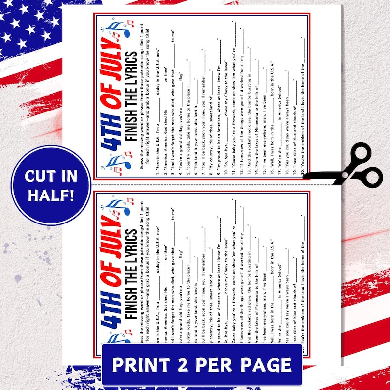 4th of July Finish the Lyrics Game, Printable 4th of July Party Games ...