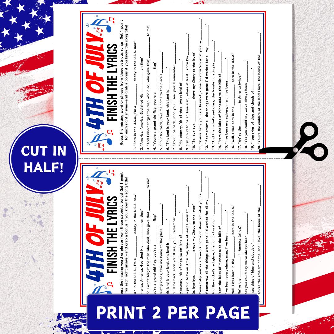 4th of July Finish the Lyrics Game, Printable 4th of July Party Games ...