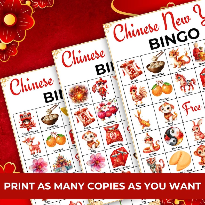 Chinese New Year Bingo, 30 Lunar New Year Bingo Cards, Printable Party ...