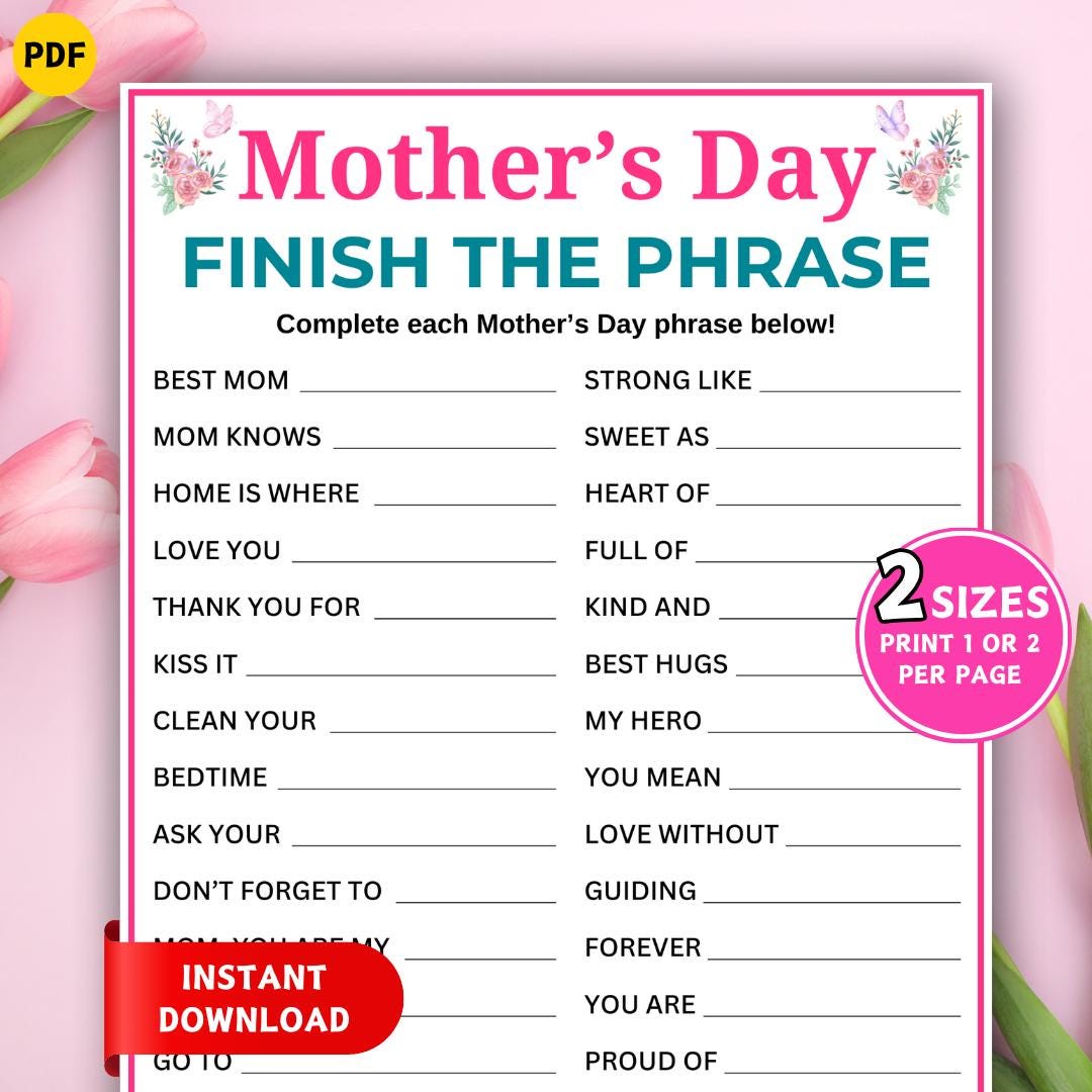 Mothers Day Phrase Game, Finish the Phrase, Printable Mothers Day Games ...