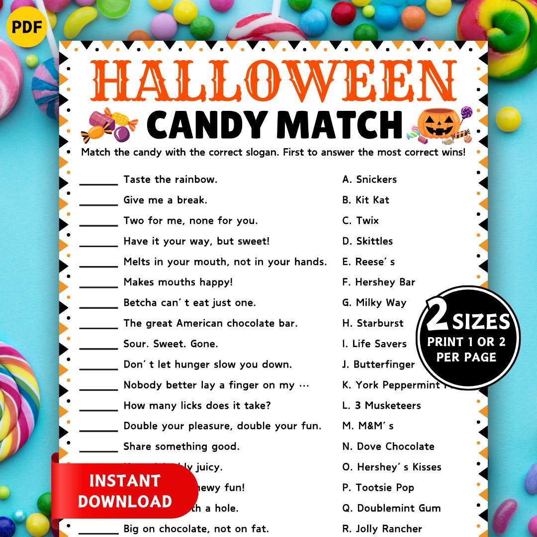 Halloween Candy Match Game, Candy Slogan Trivia Game, Printable ...