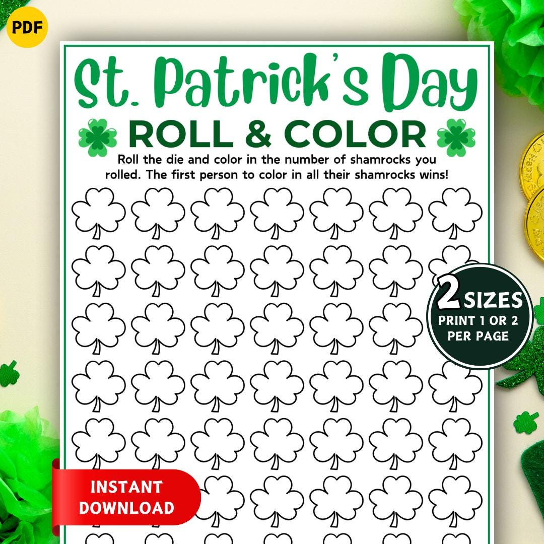 Printable St Patricks Day Roll and Color Game, St Patrick's Party Game ...