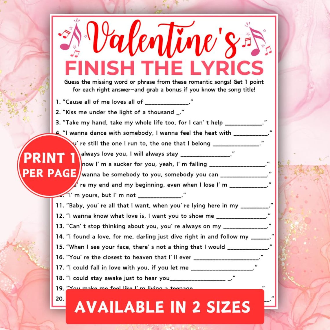 Printable Finish the Lyrics Game, Valentines Games, Valentine Party ...
