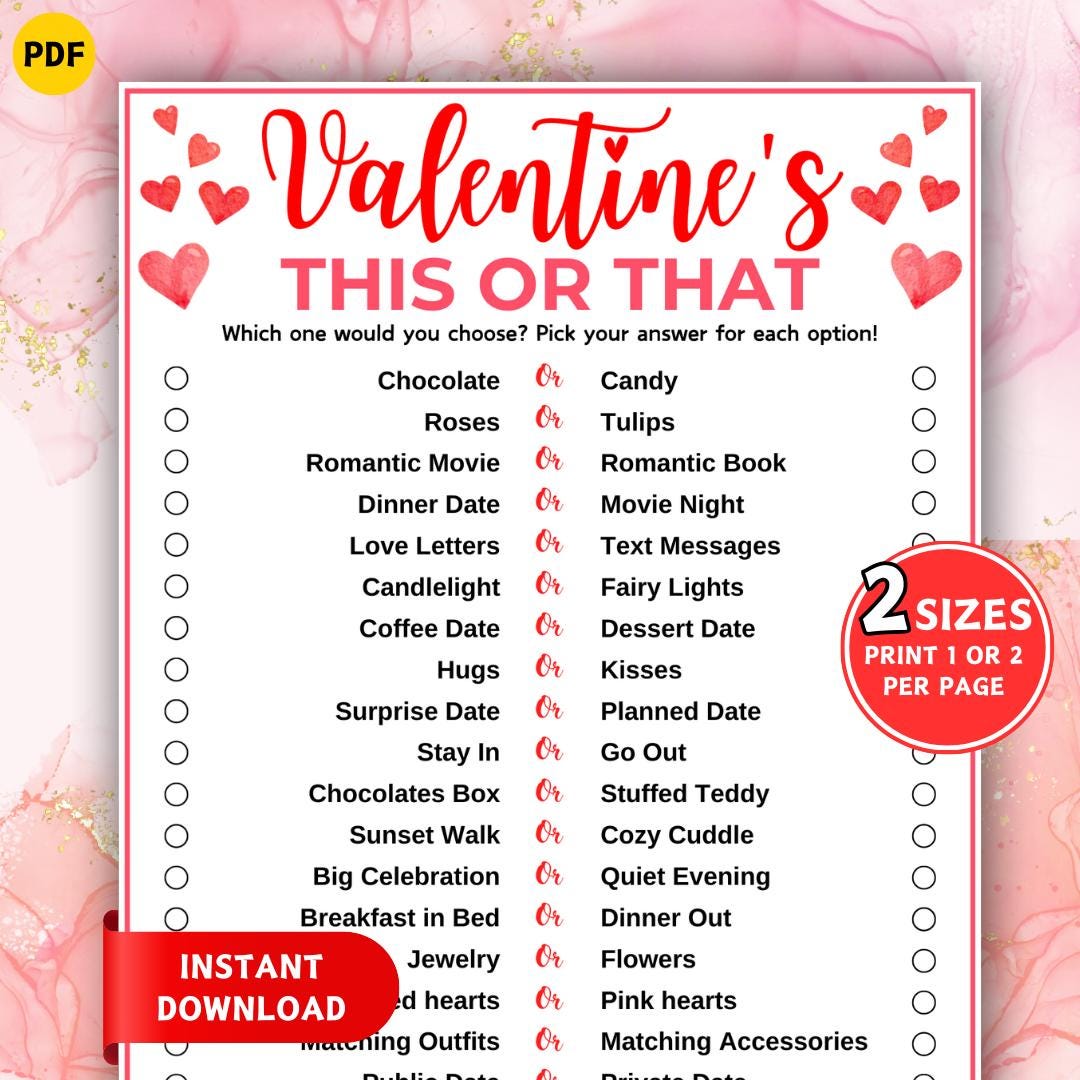 Printable Valentine's Day This or That Game, Would You Rather Questions ...