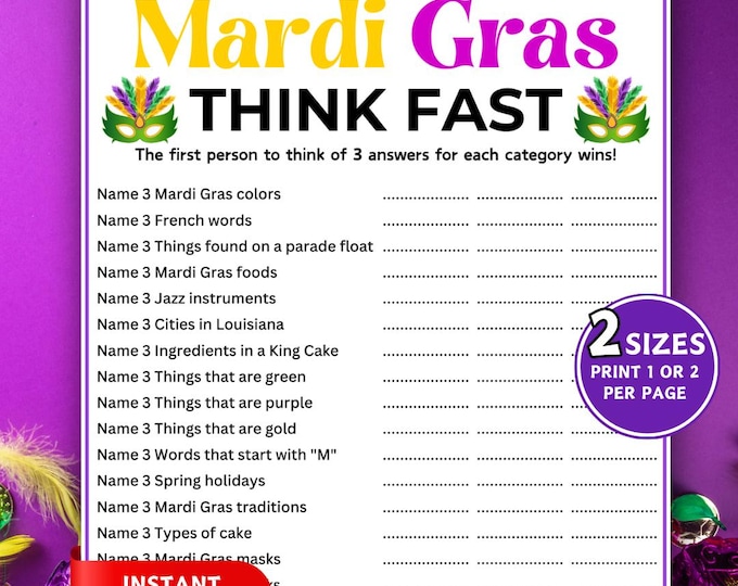 Mardi Gras Think Fast Game! Printable Mardi Gras Games, Think Quick ...